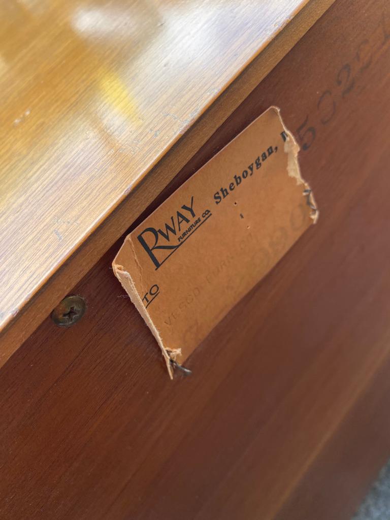 1950s Midcentury RWAY Walnut and Brass Dresser For Sale at 1stDibs