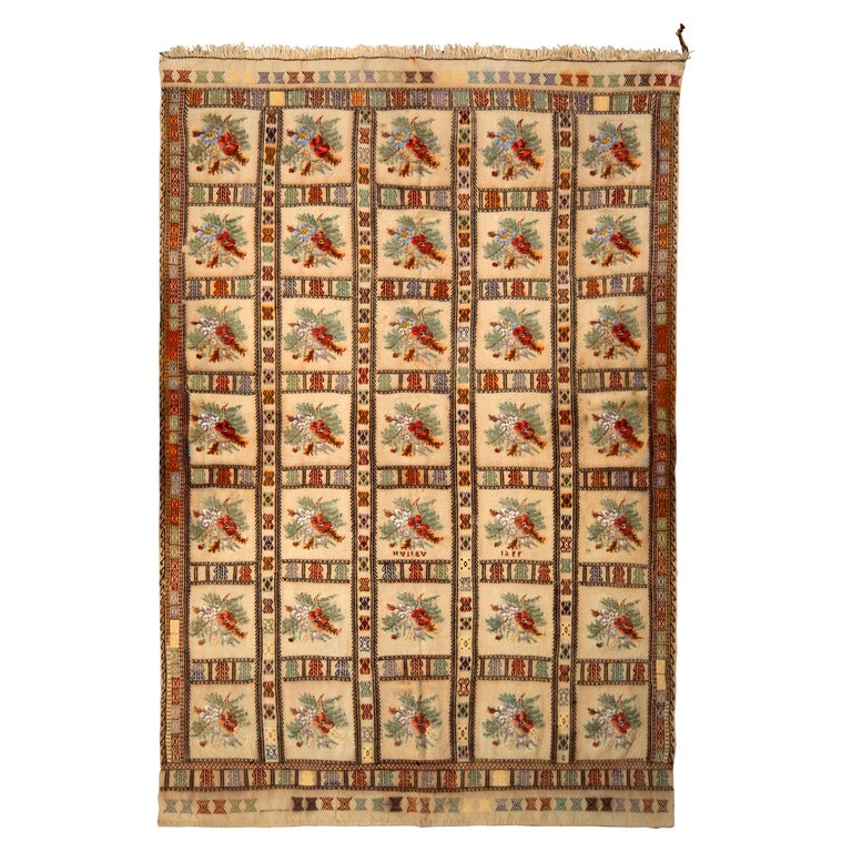 1950s Midcentury Textile Beige Brown Floral Vintage Flat-Weave by Rug ...