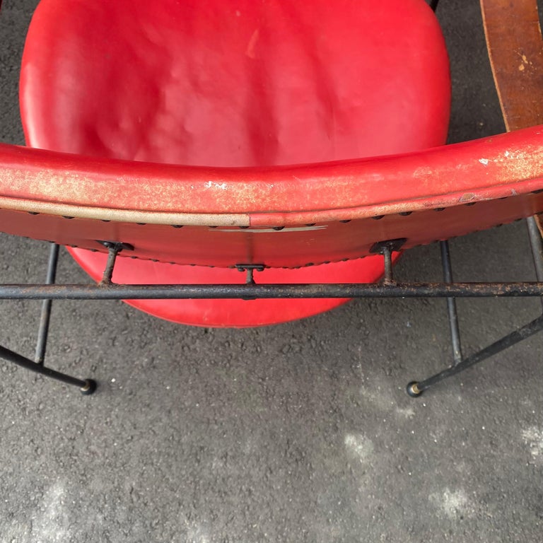 1950s Mid-Century Modern Red Leather and Iron Sling Lounge Chair For ...