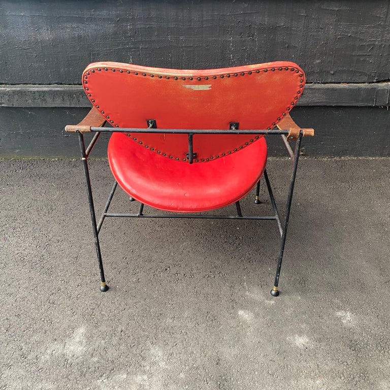 1950s Mid-Century Modern Red Leather and Iron Sling Lounge Chair For ...