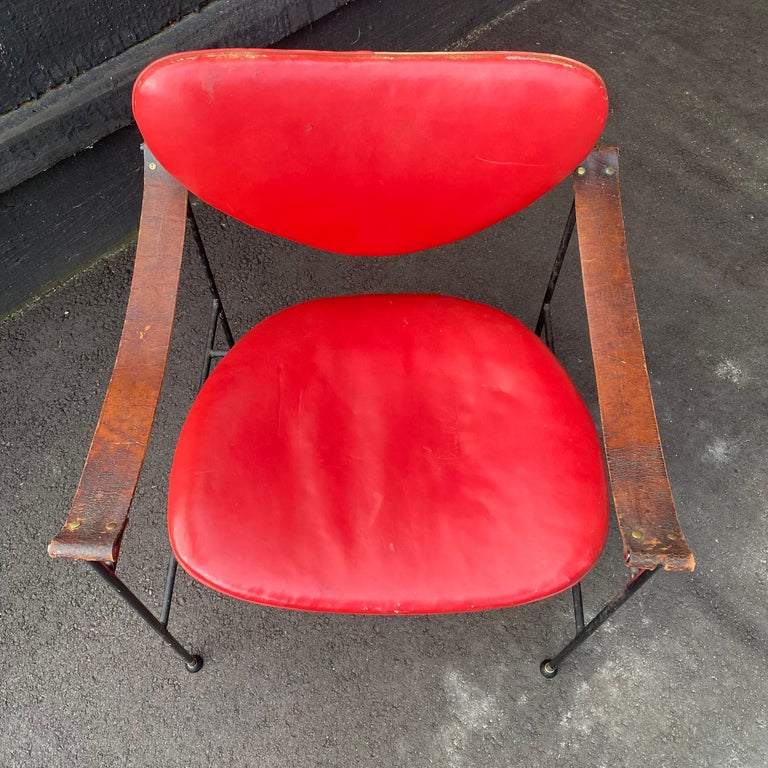 1950s Mid-Century Modern Red Leather and Iron Sling Lounge Chair For ...