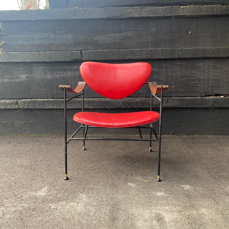 1950s Mid-Century Modern Red Leather and Iron Sling Lounge Chair For ...