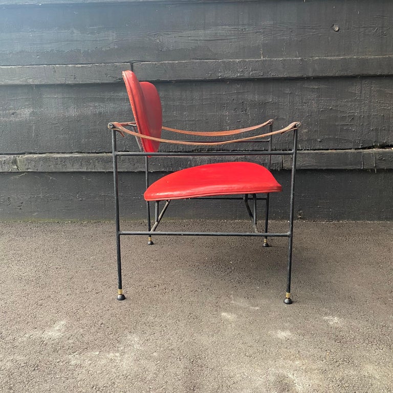 1950s Mid-Century Modern Red Leather and Iron Sling Lounge Chair For ...