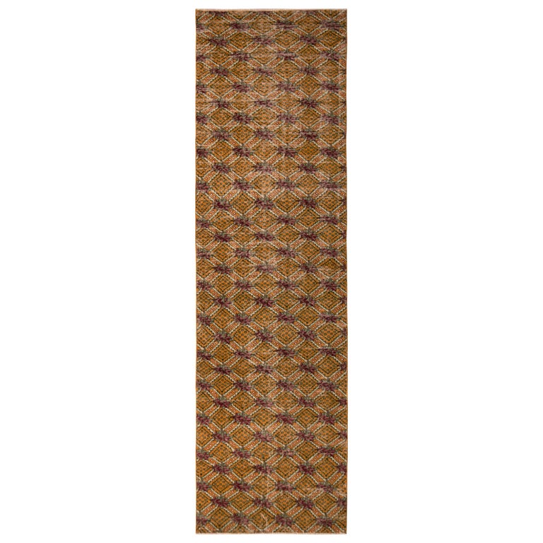 1950s Midcentury Rug Gold Pink Distressed Hand Knotted Vintage Art Deco ...