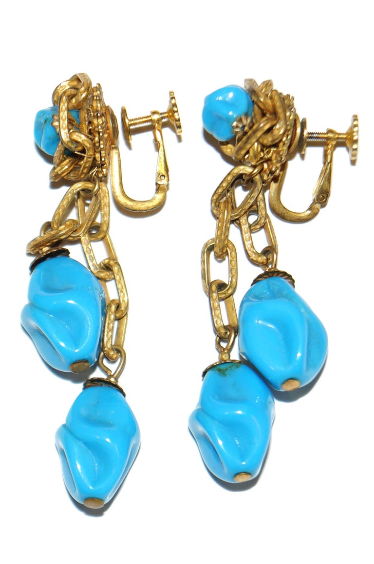 1950s Miriam Haskell Turquoise Art Glass Chain Accent Dangle Earrings ...