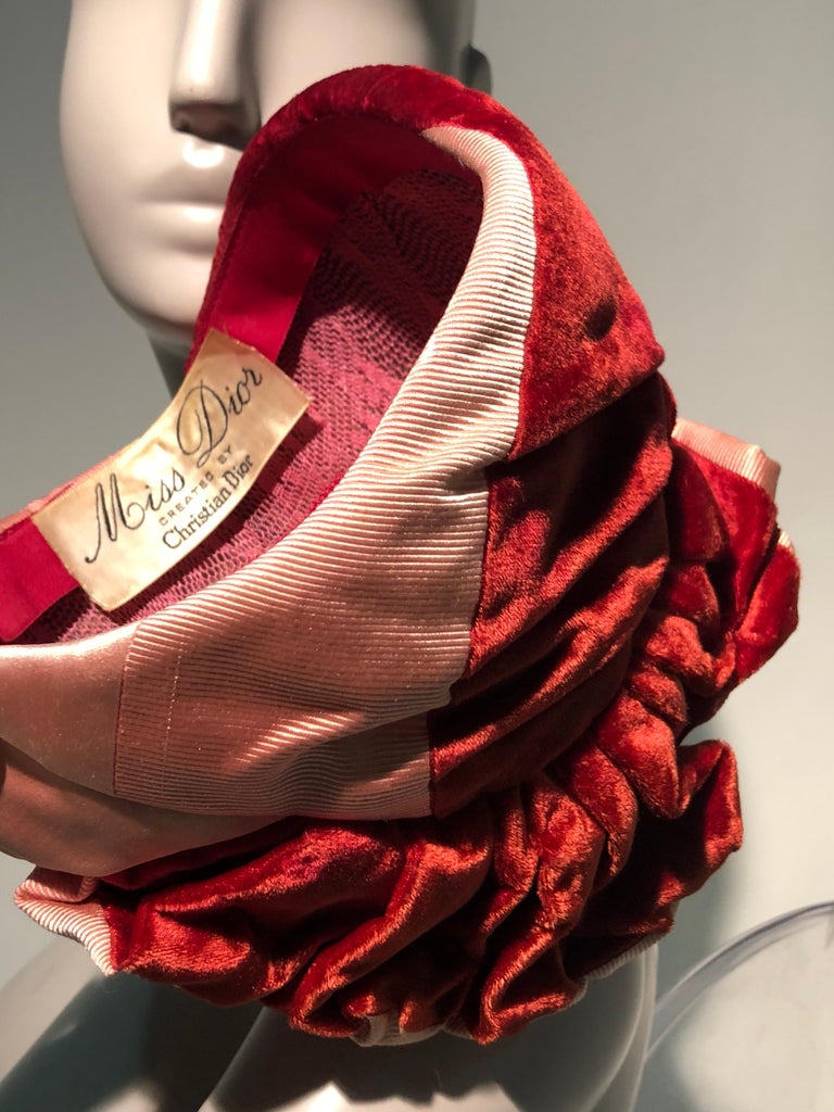 1950s Miss Dior Red Velvet Pink Satin and Faille Ruched Turban Style ...