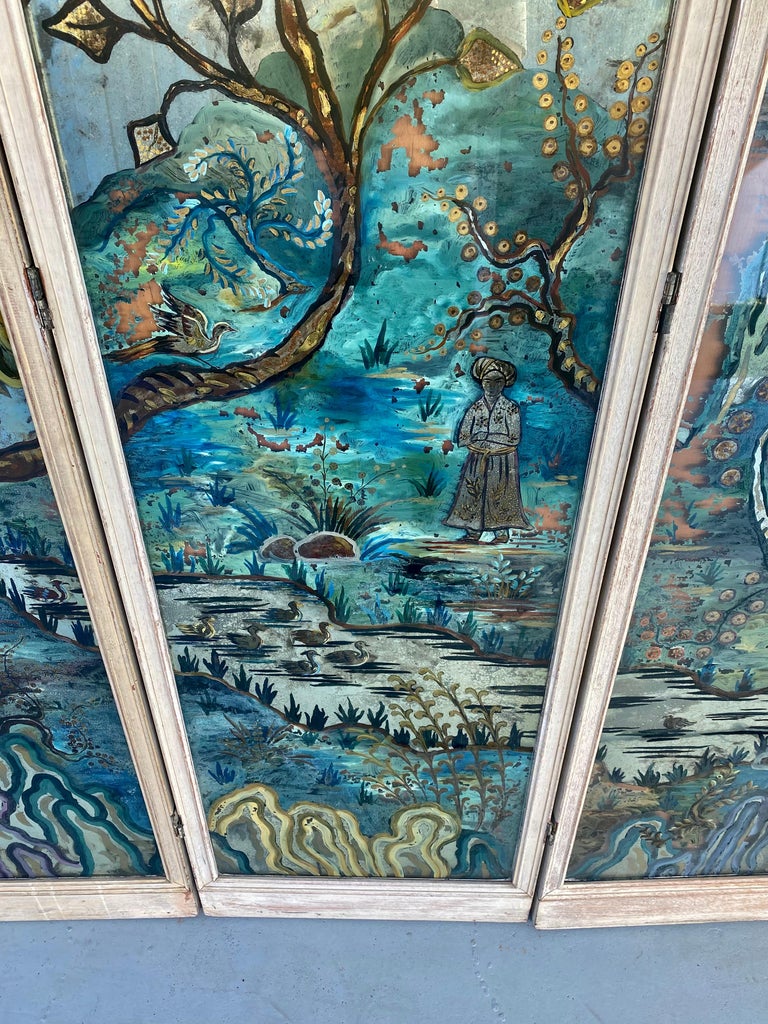 1950's Monumental Reverse Hand Painted Glass Mirrored Wood Back Panels ...