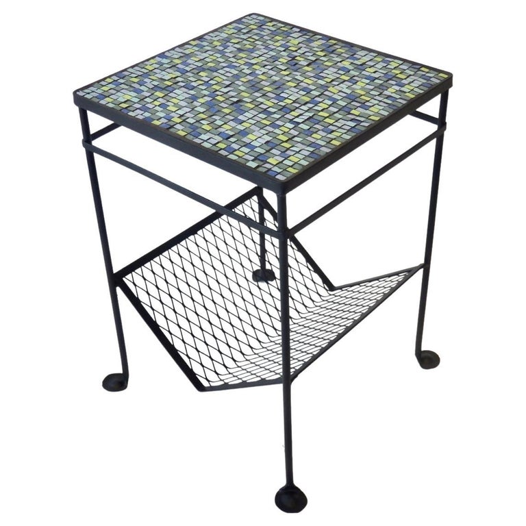 1950s Mosaic Top Wrought Iron Table with Magazine Rack For Sale at 1stDibs