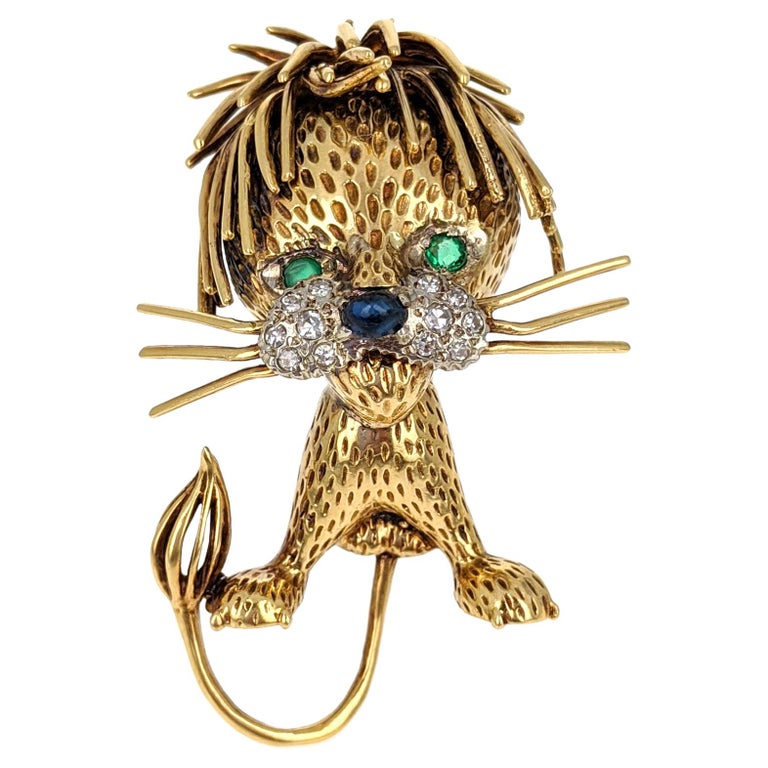 1950s Multi Gem Yellow Gold 'Lion Ebouriffé' Brooch at 1stDibs