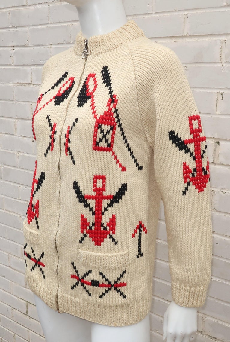 1950's Nautical Motif Chunky Cardigan Sweater Jacket For Sale at 1stDibs