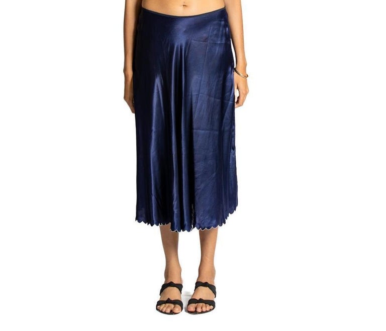 1950S Navy Blue Bias Cut Rayon Half Slip With White Scallop Trim For ...