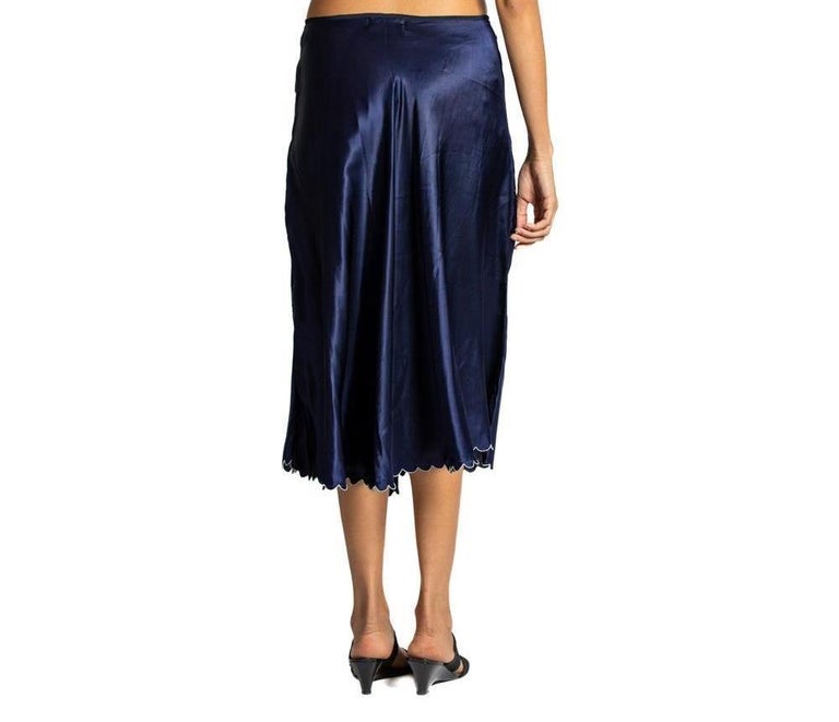 1950S Navy Blue Bias Cut Rayon Half Slip With White Scallop Trim For ...