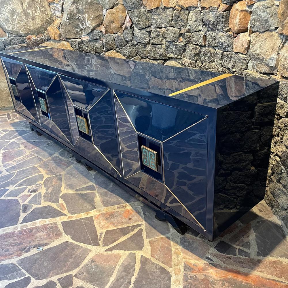 1950s Navy Blue Gold Diamond Monterey Long Credenza Style of Eugenio ...