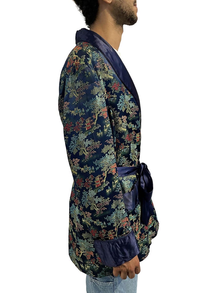1950S Navy Embroidered Silk Smoking Jacket at 1stDibs