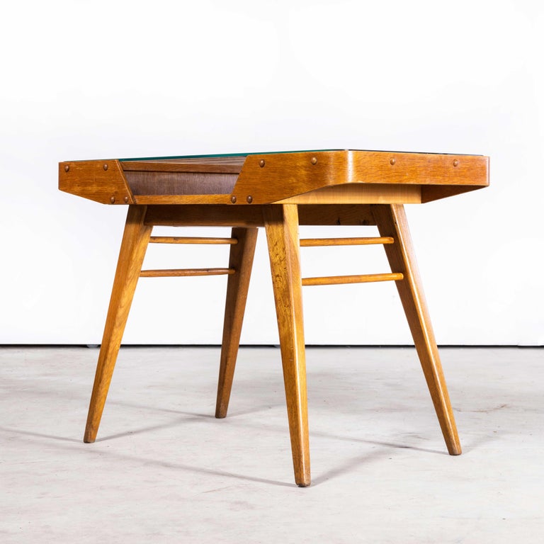 1950s Oak Framed Side Table with Glass Top For Sale at 1stDibs