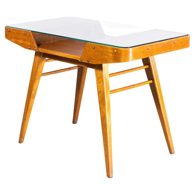 1950s Oak Framed Side Table with Glass Top For Sale at 1stDibs