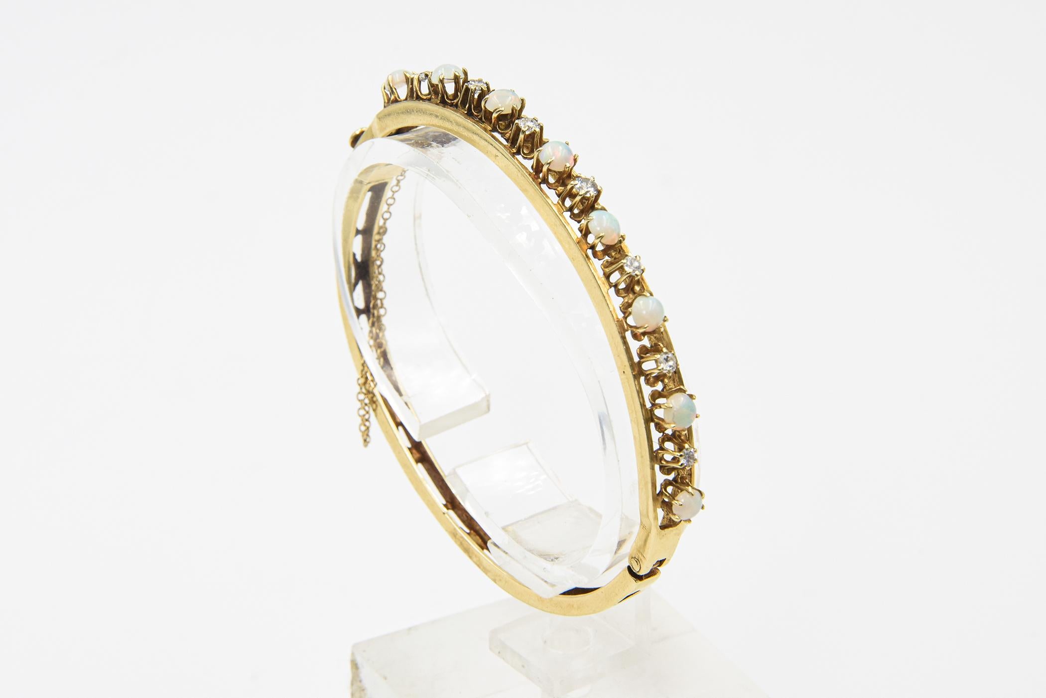 1950s Opal Diamond Yellow Gold Bangle Bracelet at 1stDibs