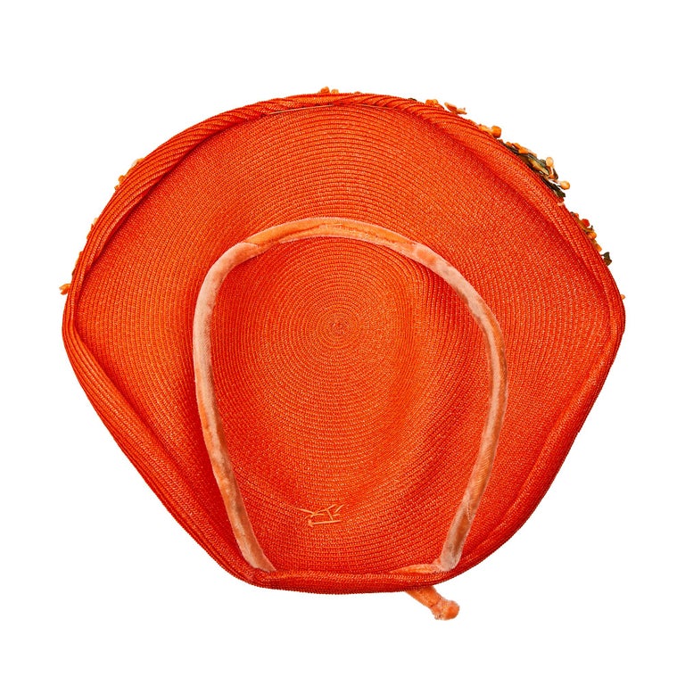 1950s Orange Straw and Floral Spray Hat For Sale at 1stDibs