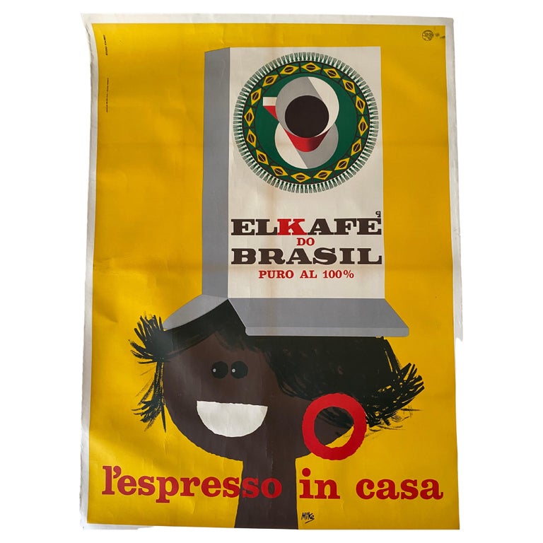 1950s Original Coffee Poster, Cafe Do Brasil 'Kimbo' For Sale at 1stDibs