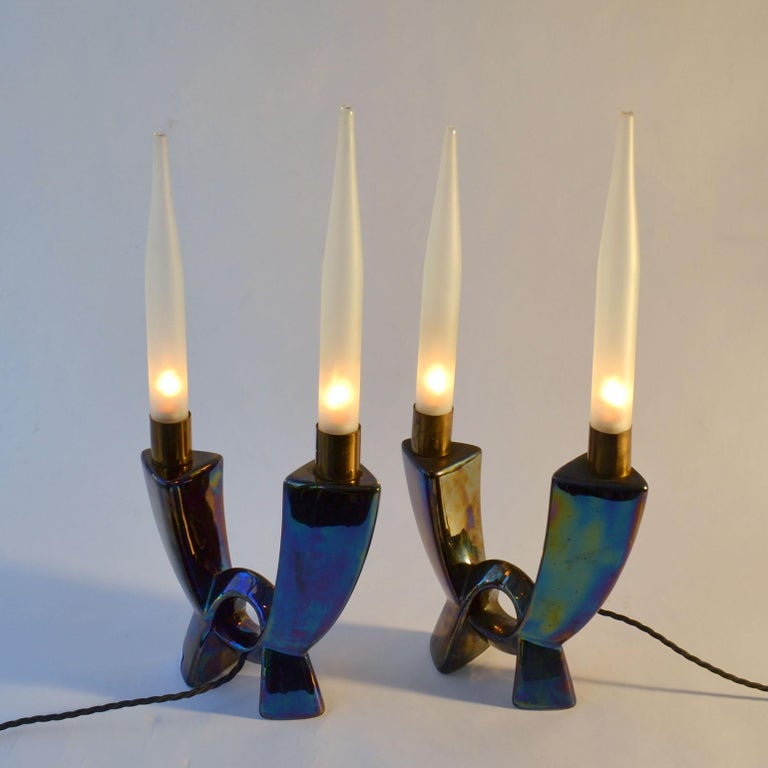 1950s Pair of Blue Iridescent Candle Shape Ceramic Table Lamps Verceram ...