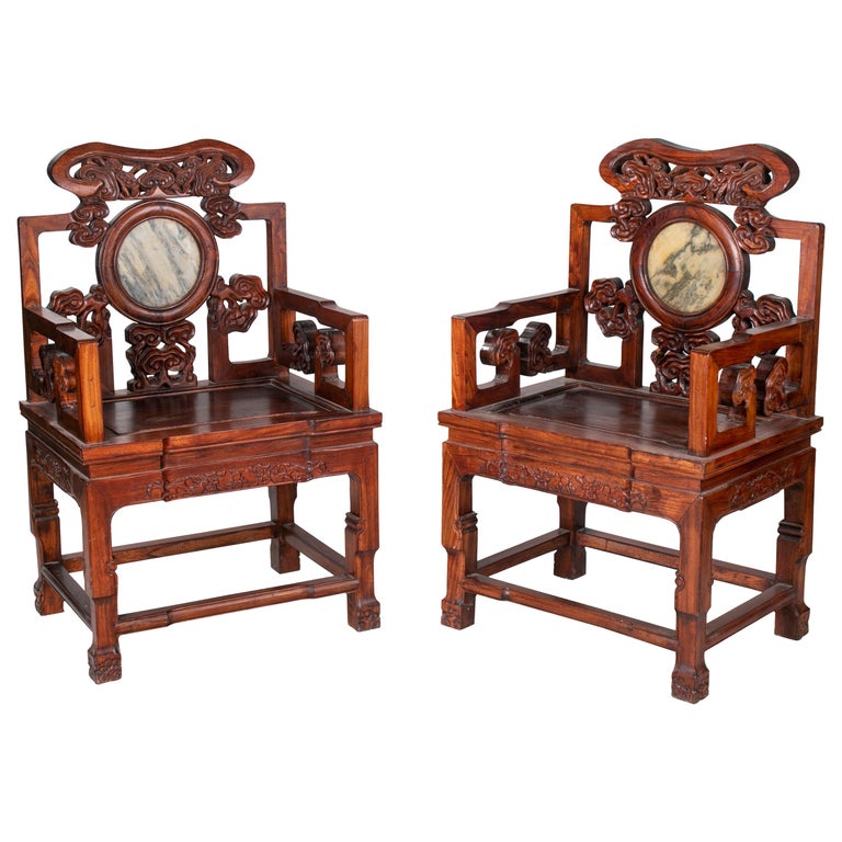 1950s Pair of Chinese Chairs with Inset Round Stone in Back Rest For ...