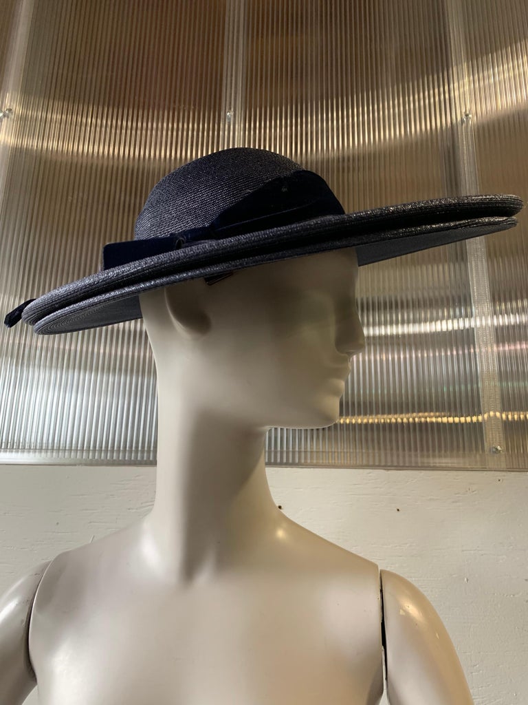 1950s Patrice Model Navy Blue Straw Cartwheel Hat W/ Double-Layered ...