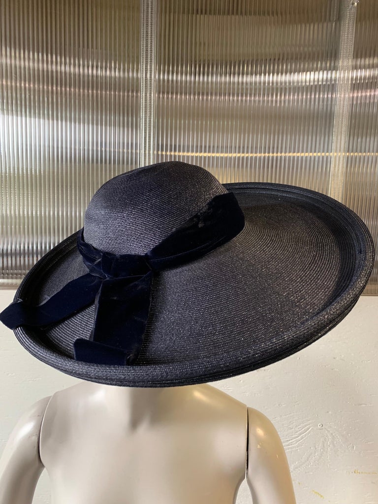 1950s Patrice Model Navy Blue Straw Cartwheel Hat W/ Double-Layered ...