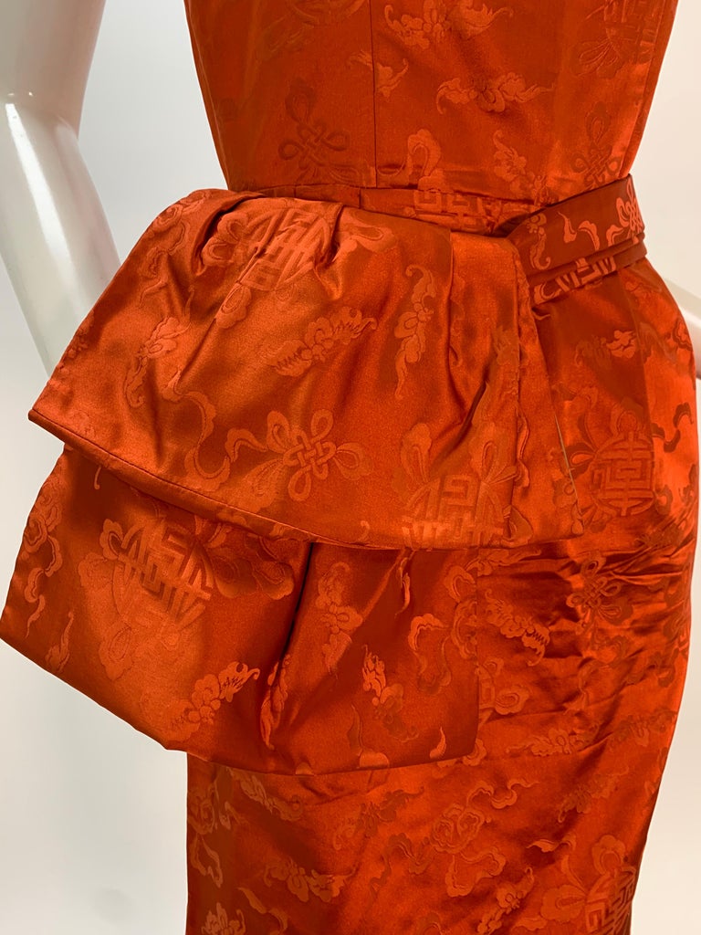 1950s Persimmon Hong Kong Silk Sleeveless Sheath Dress w/ Obi-Inspired ...