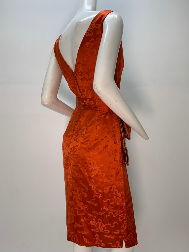 1950s Persimmon Hong Kong Silk Sleeveless Sheath Dress w/ Obi-Inspired ...