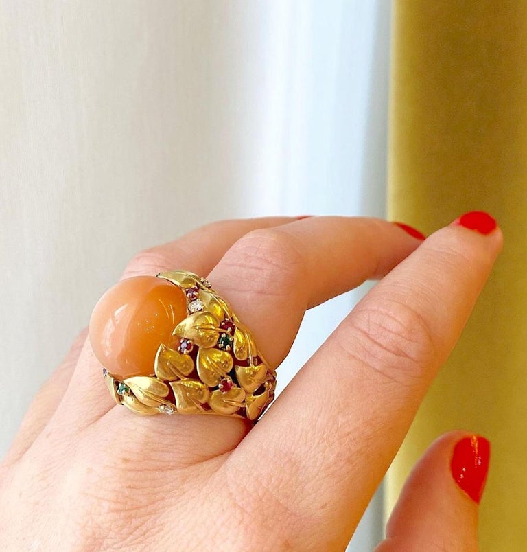 1950s Pink Moonstone and Multi-Gemstone Cocktail Ring of Foliate Design ...