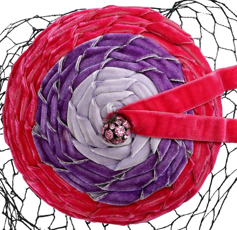 1950s Pink and Purple Ribbonwork Veiled Hat Topper For Sale at 1stDibs