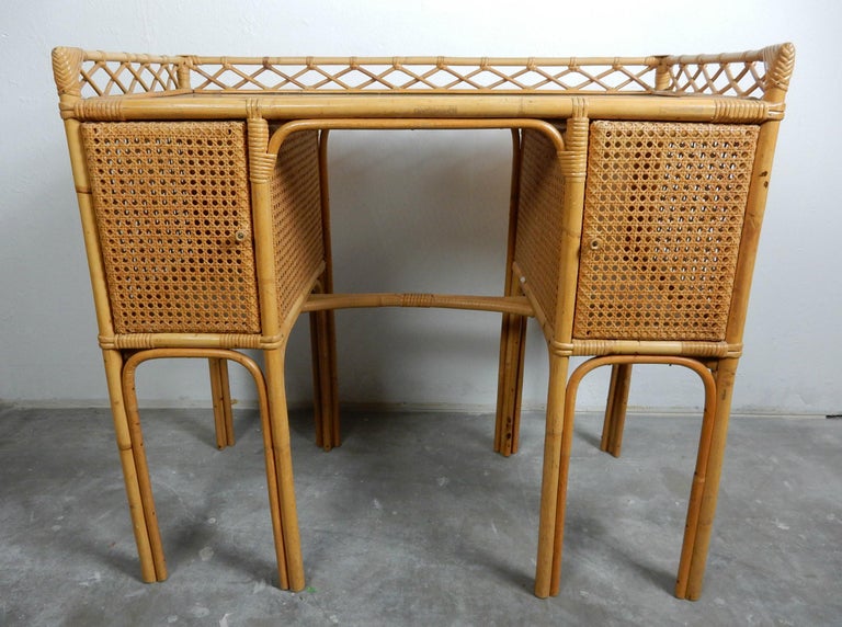 1950s Rattan Cane Wicker and Glass Letter Desk at 1stDibs