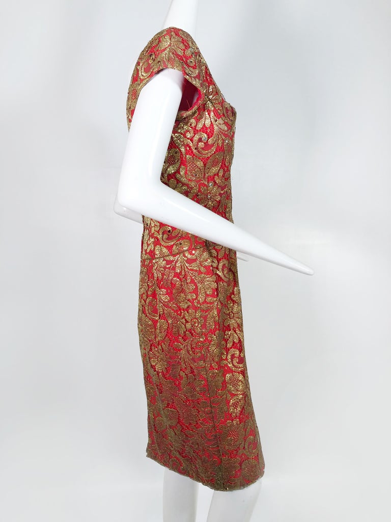 1950s Red Sheath Dress with Beautiful Gold Lame Lace Overlay and ...
