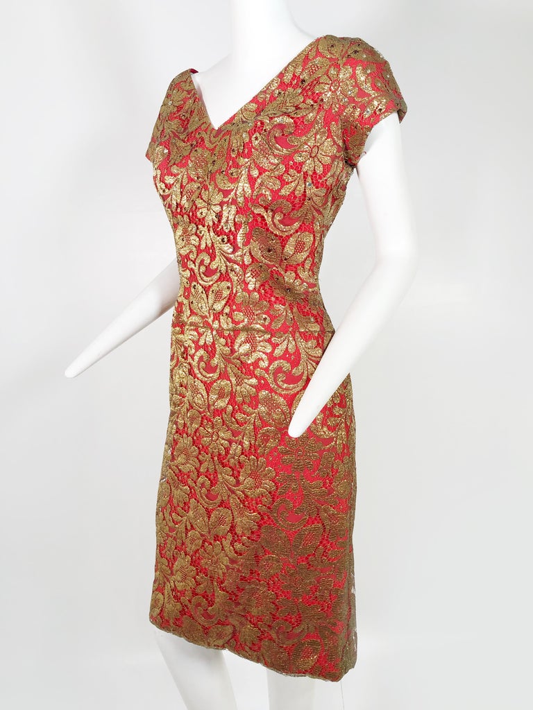 1950s Red Sheath Dress with Beautiful Gold Lame Lace Overlay and ...