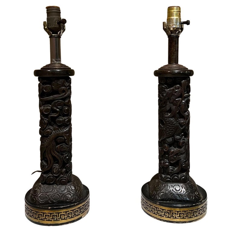 1950s Regency Fine Chinese Handcarved Wood Table Lamp Pair Style of ...