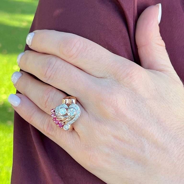 1950s Retro Diamond Ruby 14 Karat Rose Gold Vintage Cocktail Ring For ...