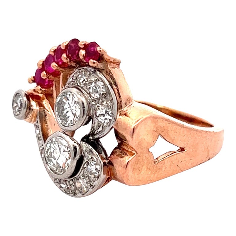 1950s Retro Diamond Ruby 14 Karat Rose Gold Vintage Cocktail Ring For Sale at 1stDibs
