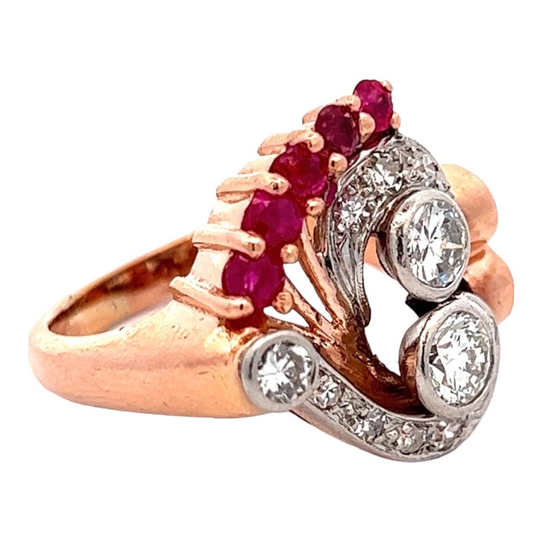 1950s Retro Diamond Ruby 14 Karat Rose Gold Vintage Cocktail Ring For Sale at 1stDibs