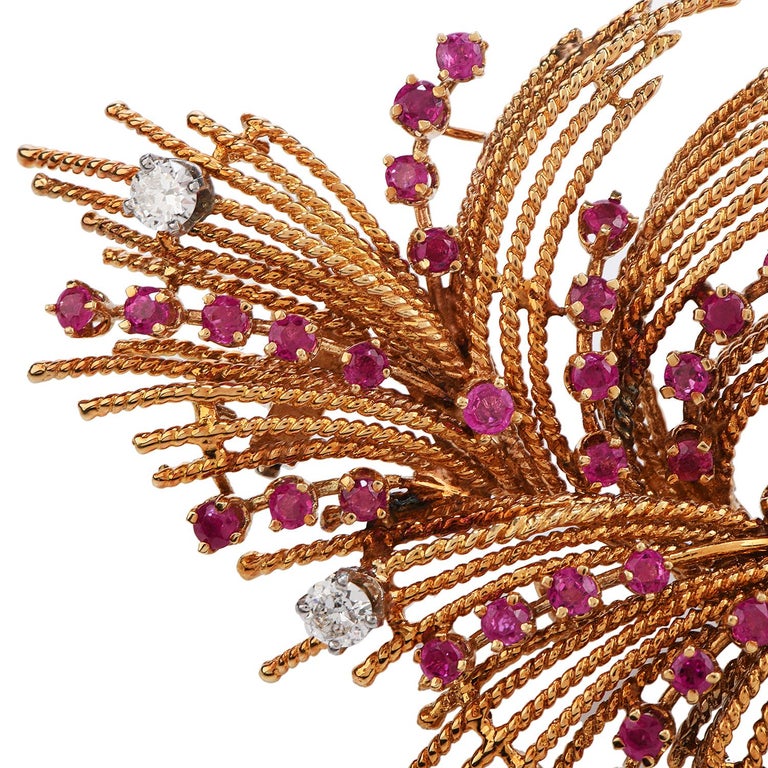 1950's Retro Diamond Ruby 18k Gold Parisian Rope Bouquet Brooch Pin For ...