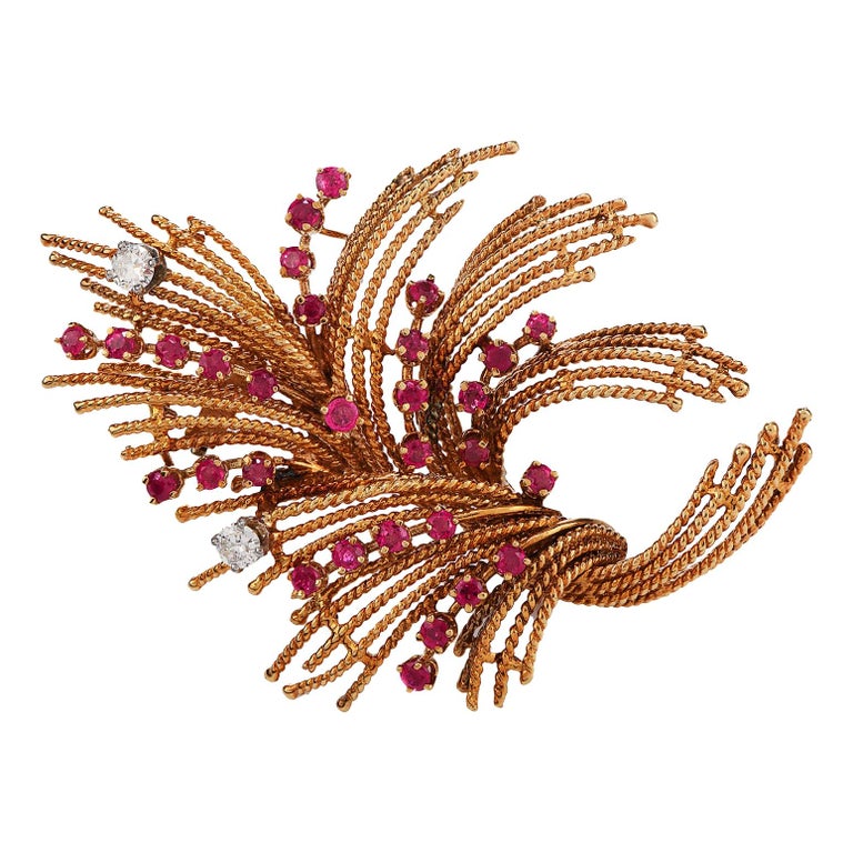 1950's Retro Diamond Ruby 18k Gold Parisian Rope Bouquet Brooch Pin For ...