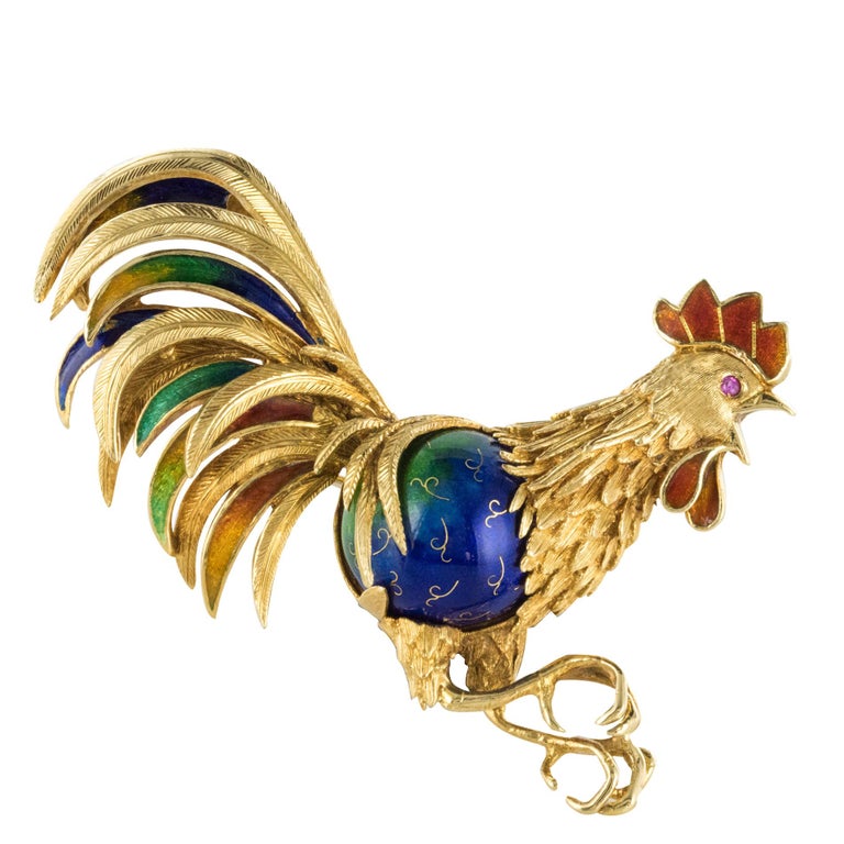 1950s Retro Italian Enamel 18 Karat Yellow Gold Rooster Brooch at 1stDibs