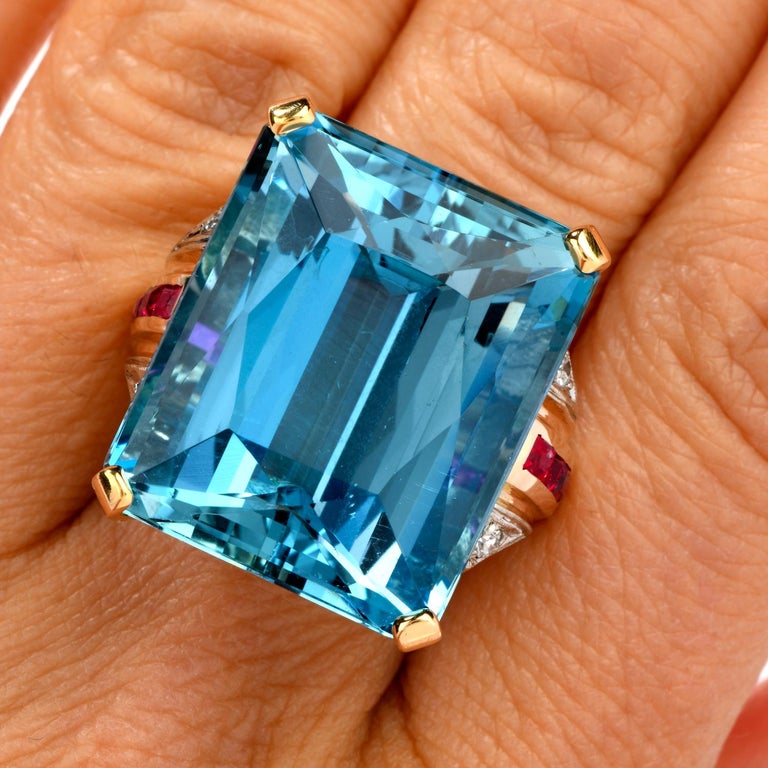 1950s Retro Very Fine Aquamarine Diamond Ruby Cocktail Gold Ring For ...