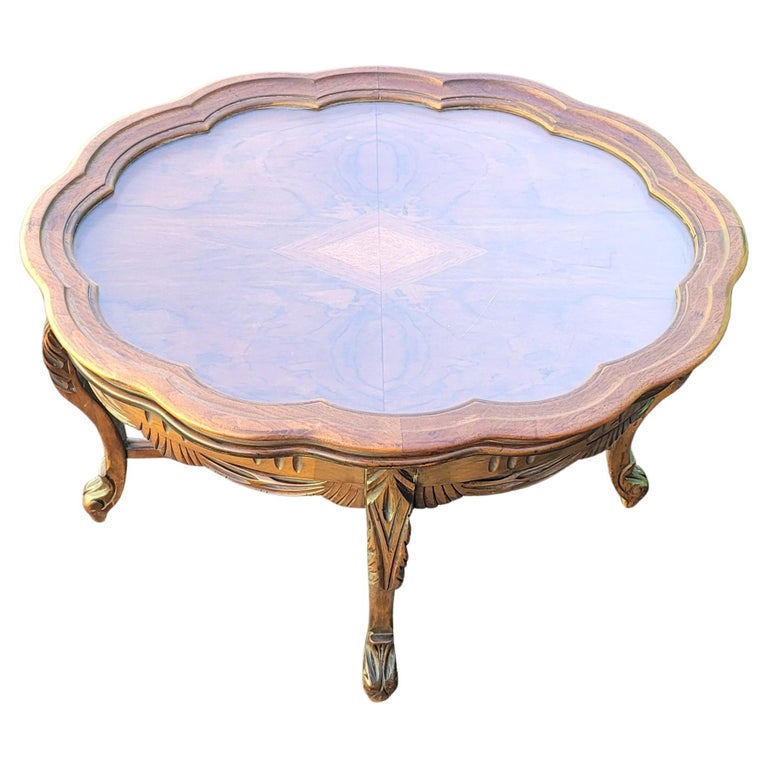 1950s Rococo Style Carved and Burled Walnut Glass Tray Top Oval Side ...