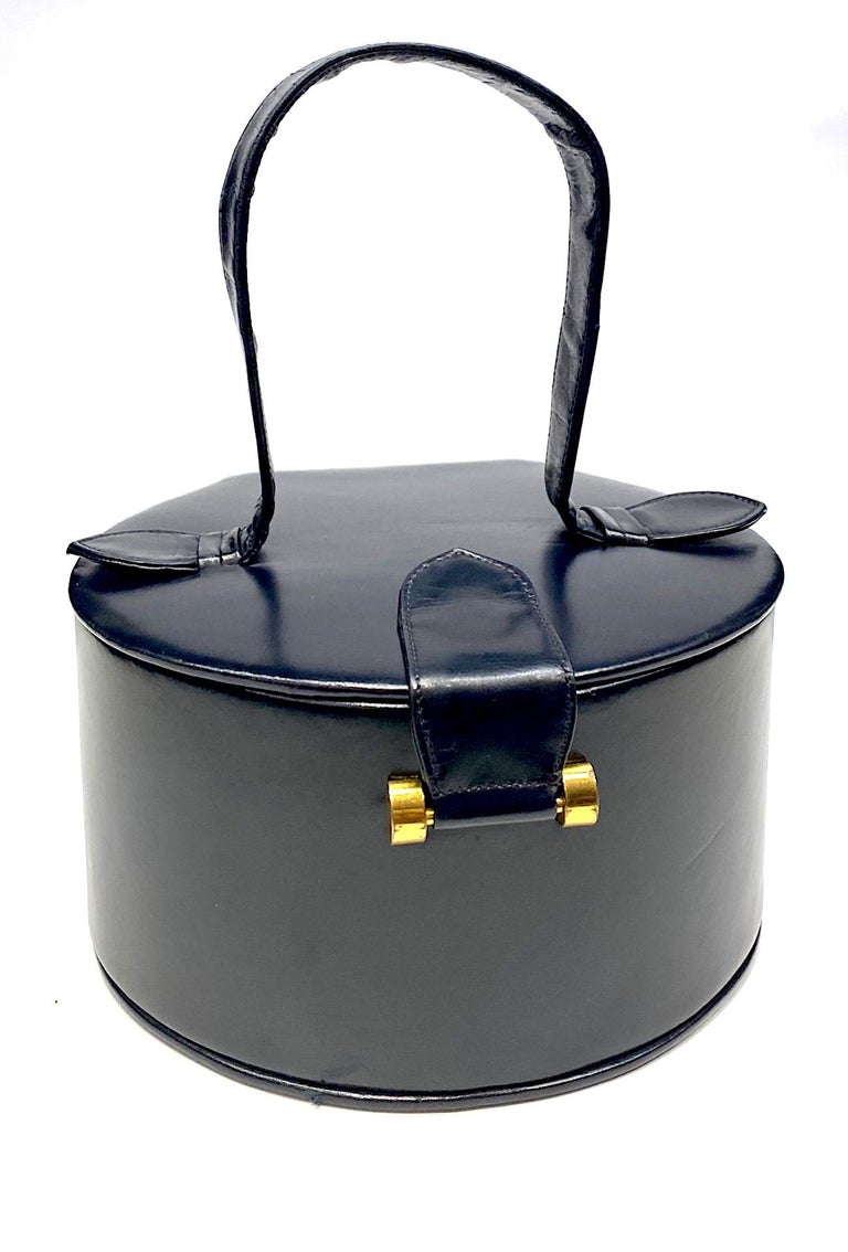 1950s Round Midnight Navy Leather Box Bag at 1stDibs | round box bag