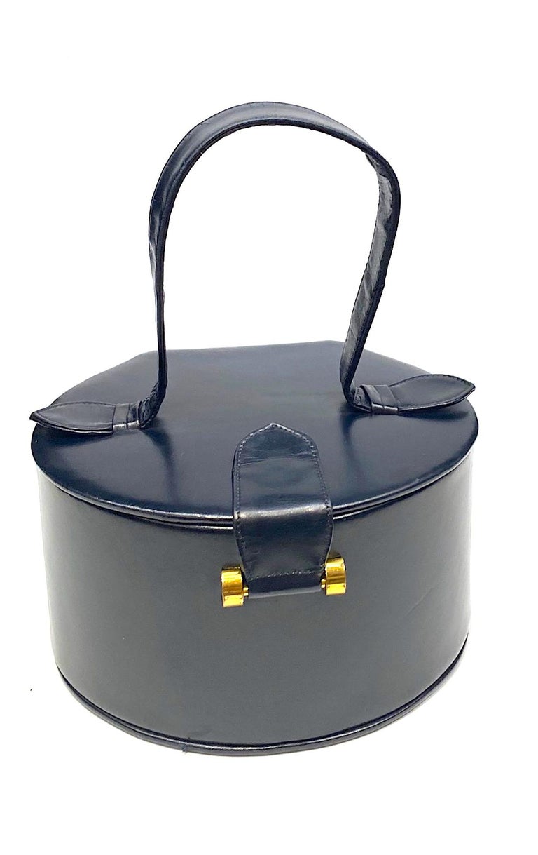 1950s Round Midnight Navy Leather Box Bag at 1stDibs | round box bag