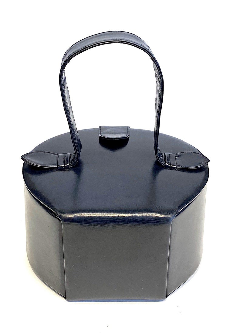 1950s Round Midnight Navy Leather Box Bag at 1stDibs | round box bag