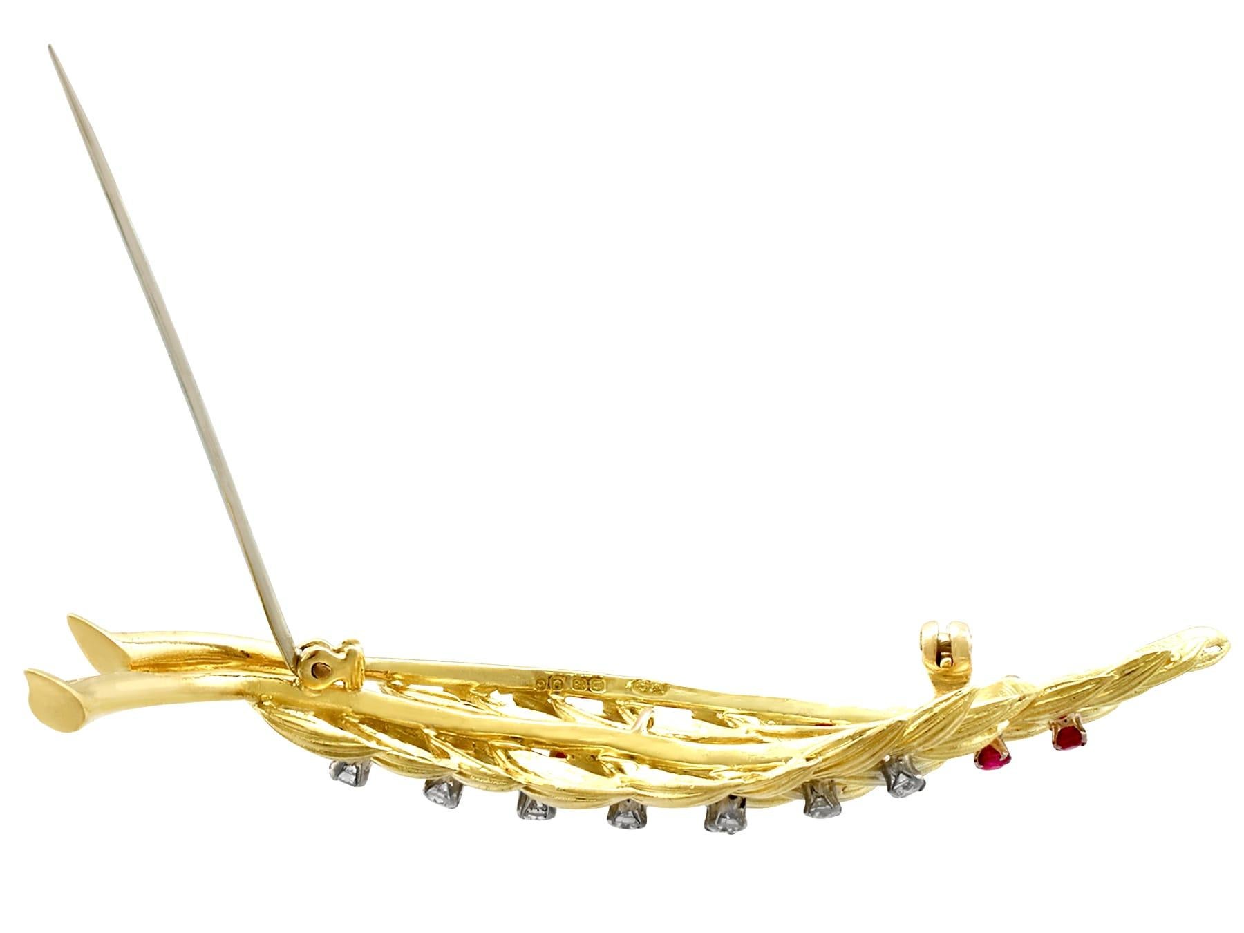 Vintage Ruby and Diamond Yellow Gold Leaf Brooch For Sale at 1stDibs
