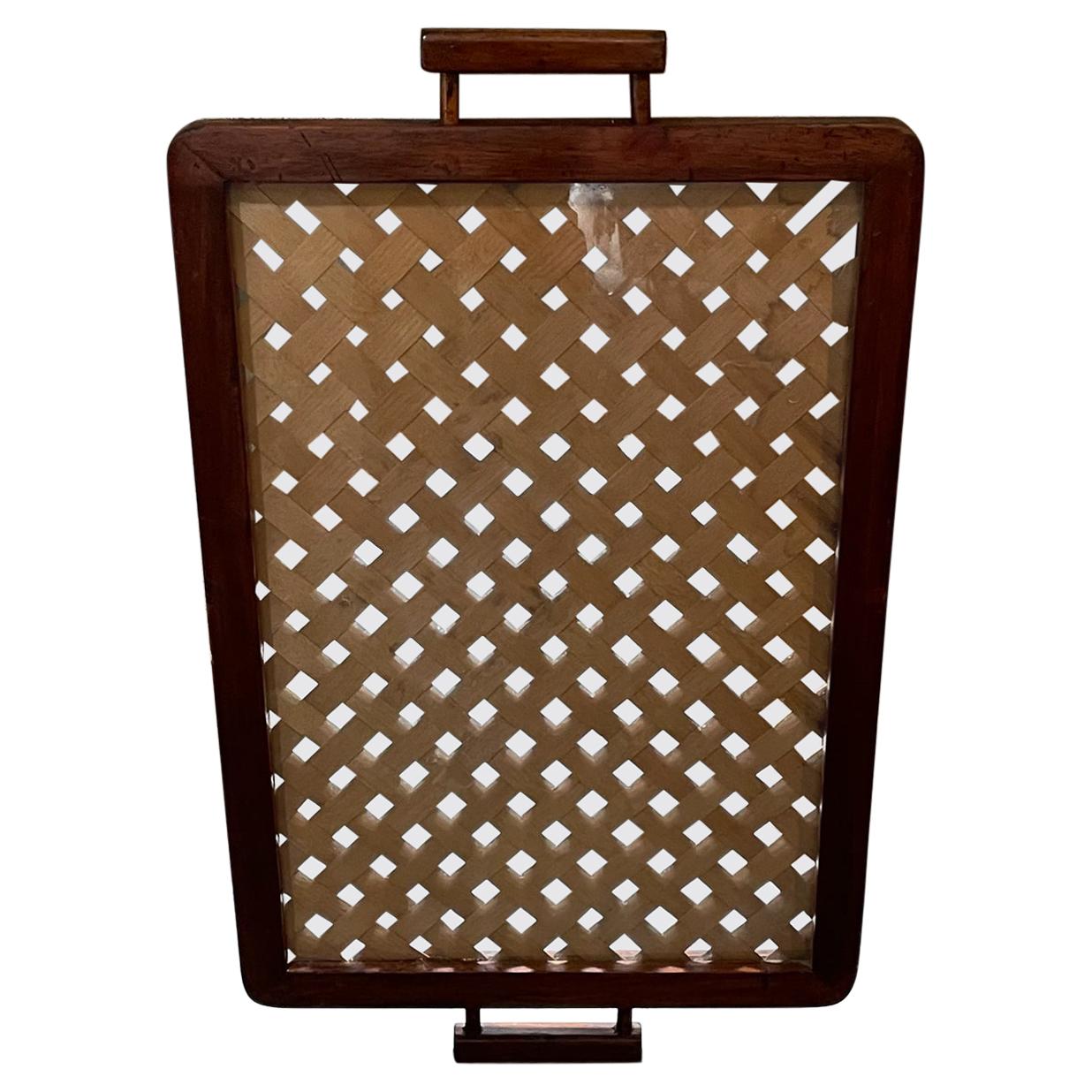 1950s Serving Tray Solid Mahogany and Glass Woven Wood Lattice with Handles Mexico at 1stDibs