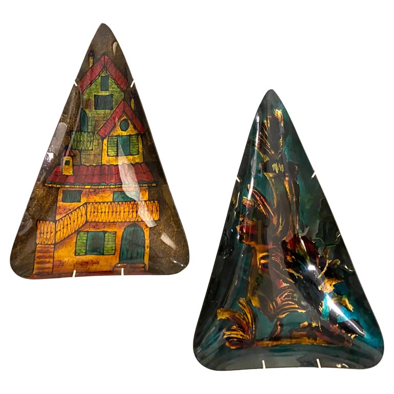 1950s, Set of Two Mid-Century Modern Paintings on Mural Triangular ...