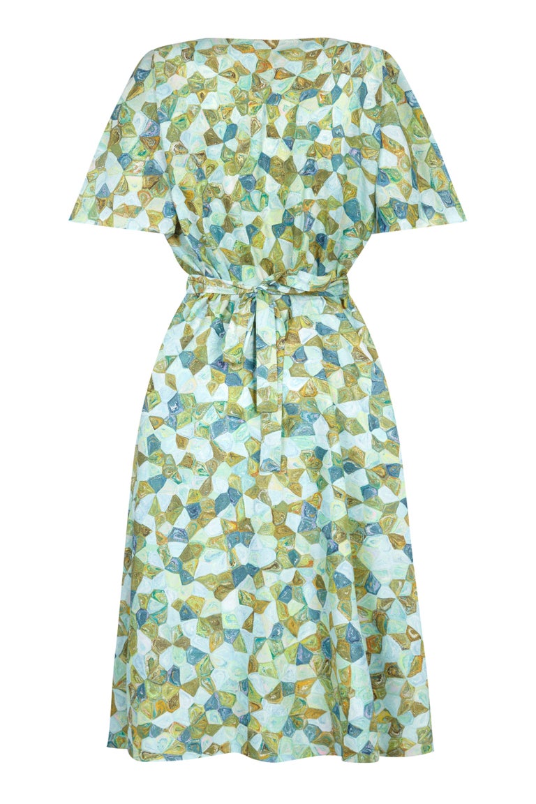 1950s Silk Pale Green Abstract Novelty Patterned Dress For Sale at 1stDibs